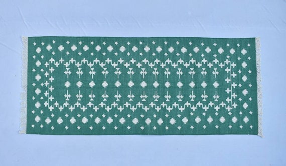 Multiple Sizes Green Cotton Runner Rug Hand Woven Beautiful - Etsy