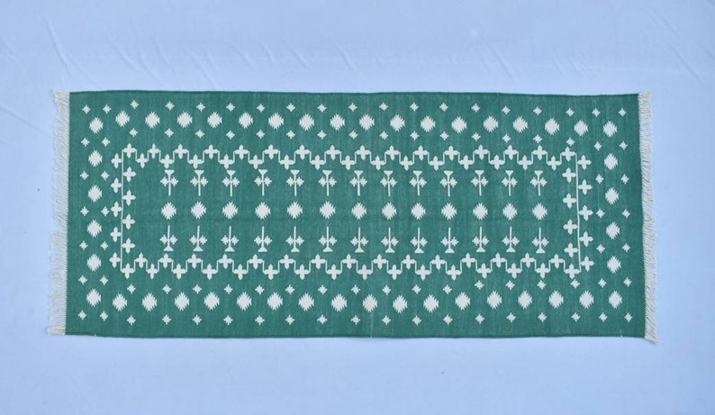 Multiple Sizes Green Cotton Runner Rug - Hand Woven Beautiful Green and ...
