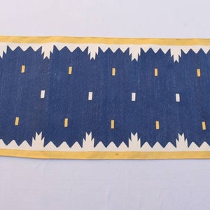 Blue and Yellow Modern Cotton Runner Rug - Hand Woven Runner Rug Kilim ...
