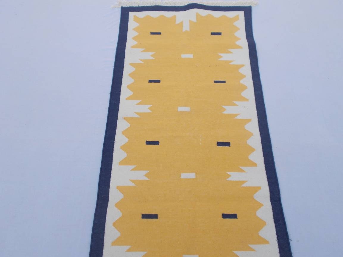 Multiple Sizes Yellow Runner Rug - Navy Blue Border and White Cotton ...