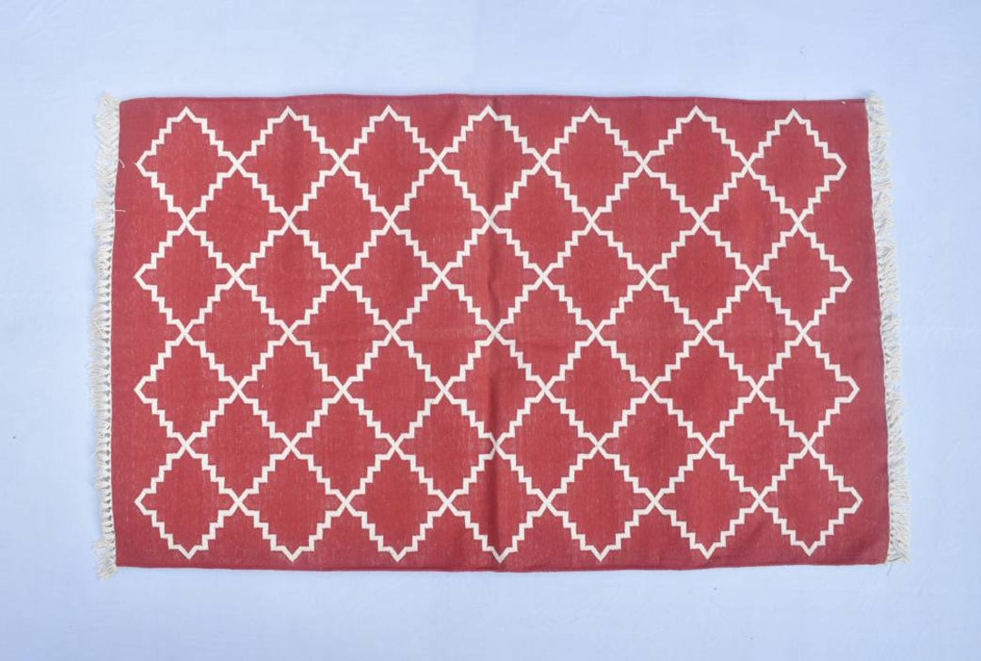 3'X5' or 4'X6' Cotton Red and White Handmade Cotton Rug Dhurrie- Dark ...
