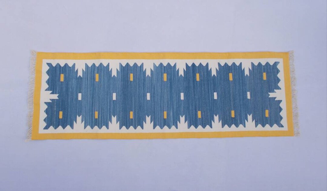 Multiple Sizes Runner Rug - Yellow Border With Blue Tie Dye Colour Hand ...