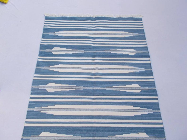 Multiple Sizes Blue and White Stripes Handmade Cotton Rug Dhurrie ...