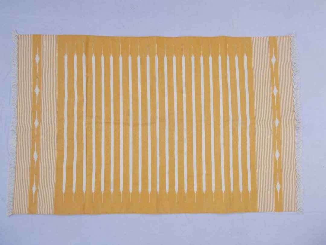 Multiple Sizes Yellow and White Stripes Handmade Cotton Rug Dhurrie ...
