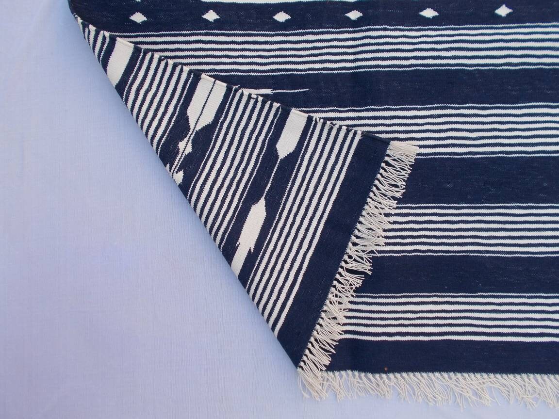 8x10 Dark Navy Blue Stripes Cotton Rug Dhurrie Room Size Rug | Etsy