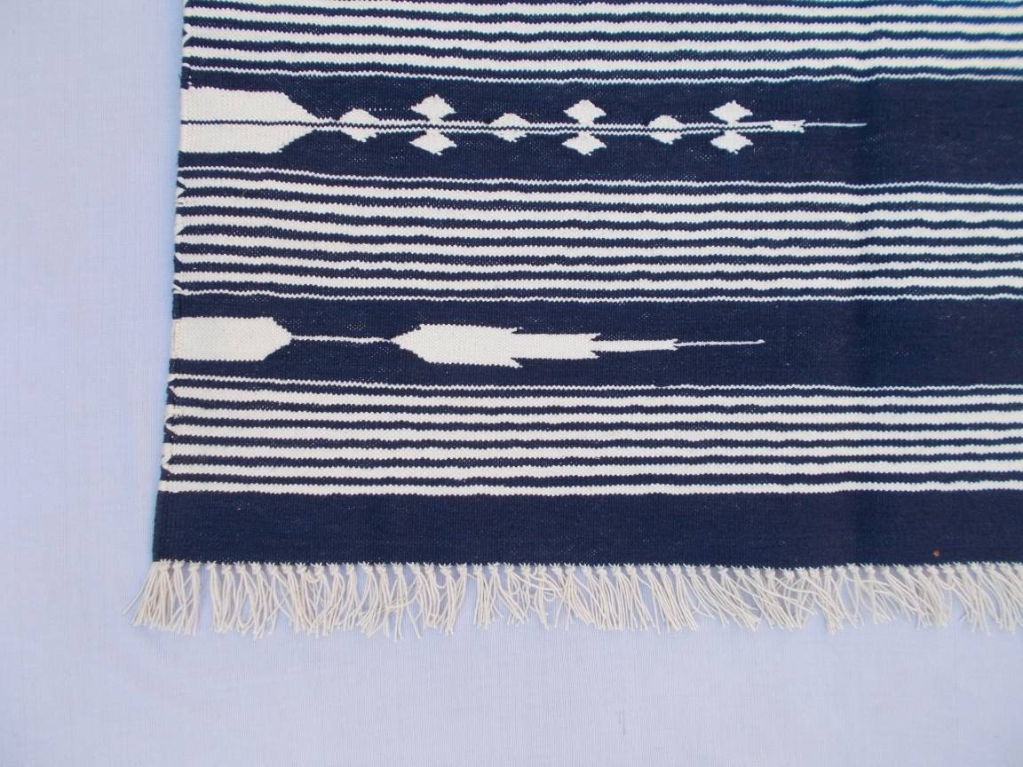 8x10 Dark Navy Blue Stripes Cotton Rug Dhurrie Room Size Rug | Etsy