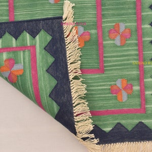 Green and Blue Modern Flowers Design Hand Woven Runner Rug- Reversible ...