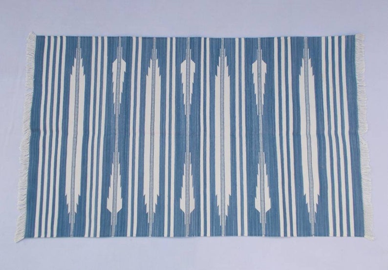 Multiple Sizes Blue and White Stripes Handmade Cotton Rug Dhurrie ...