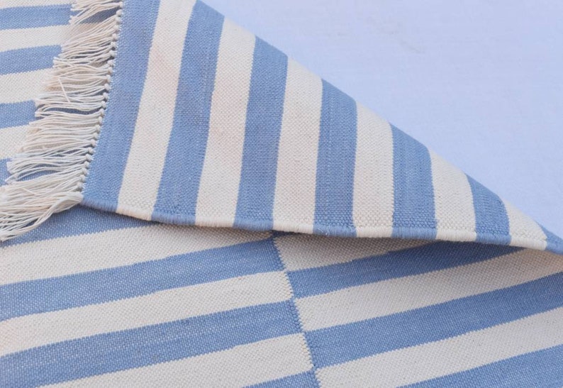 Light Blue & White Cotton Handmade Modern Stripes Rug- Flat Weave and ...
