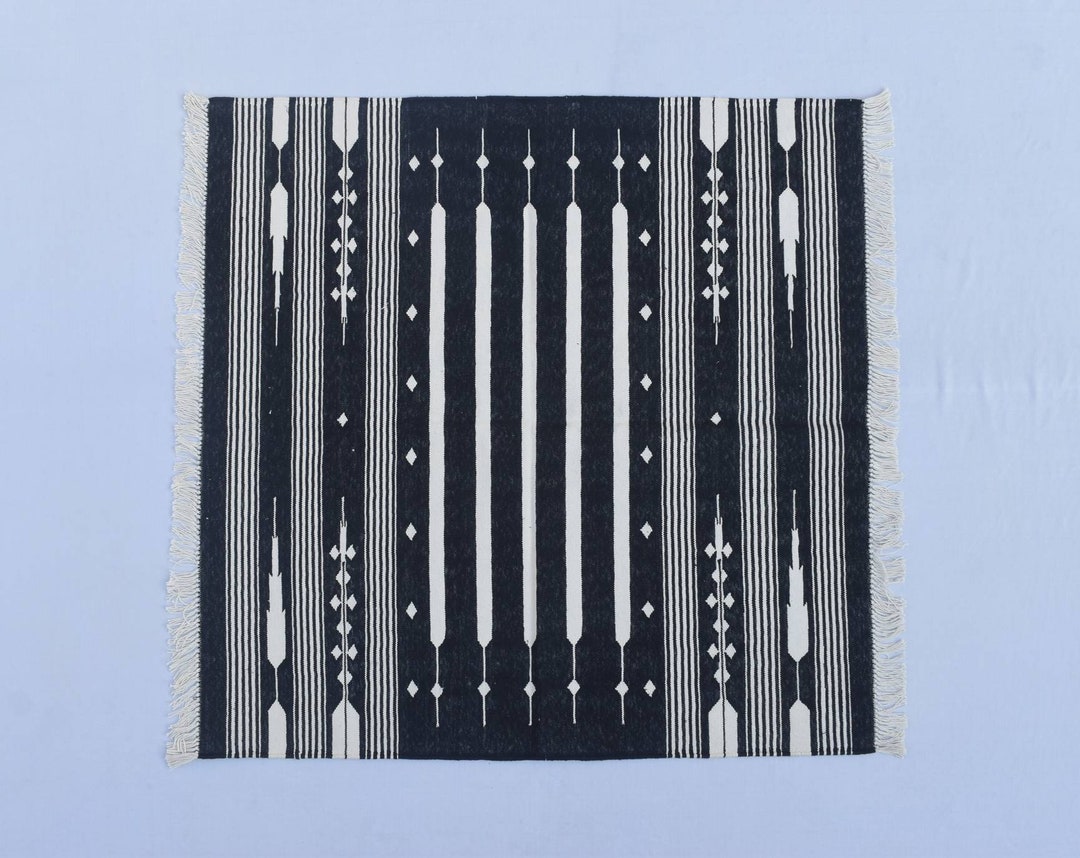Square Black and White Handmade Stripes Modern Design Rug - Beautiful ...