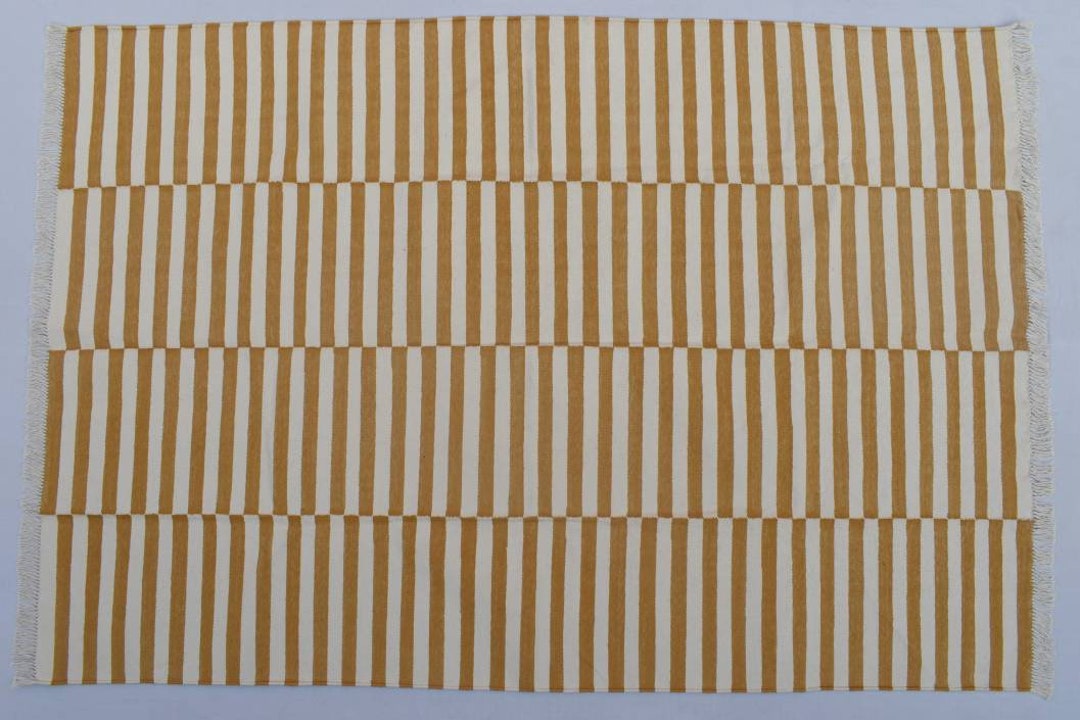 Multiple Sizes Yellow and White Cotton Handmade Modern Stripes Rug ...