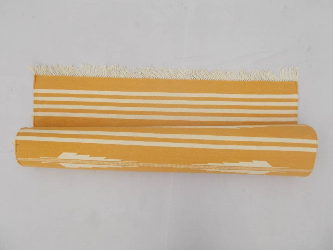 Multiple Sizes Yellow and White Stripes Handmade Cotton Rug Dhurrie ...