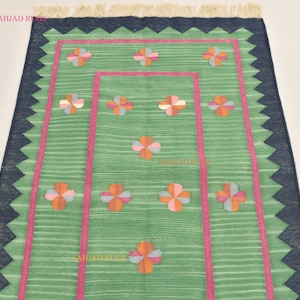 Green and Blue Modern Flowers Design Hand Woven Runner Rug- Reversible ...