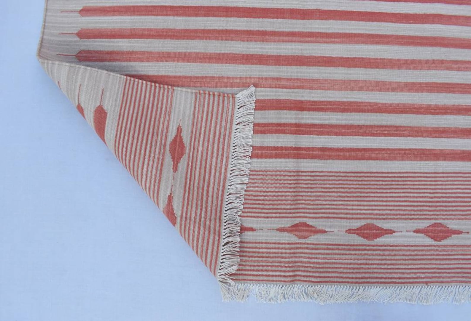 Rustic Beige and Red Cotton Handmade Modern Stripes Rug Flat - Etsy