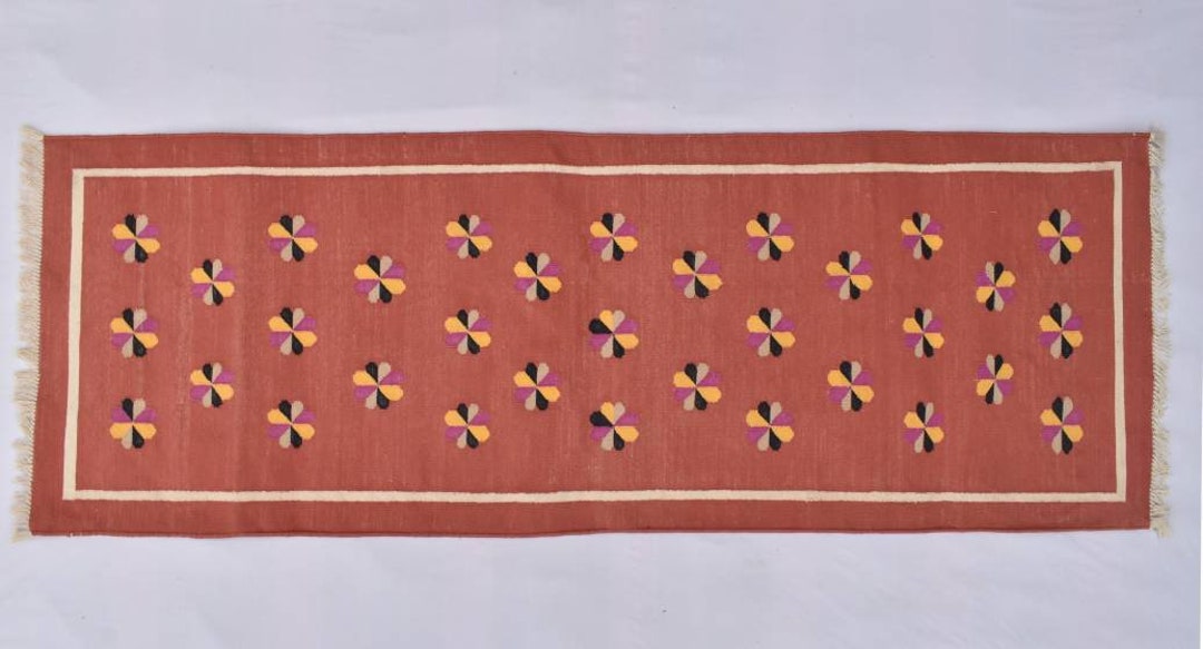 Multiple Sizes Cotton Indian Red Modern Flowers Design Hand Woven ...