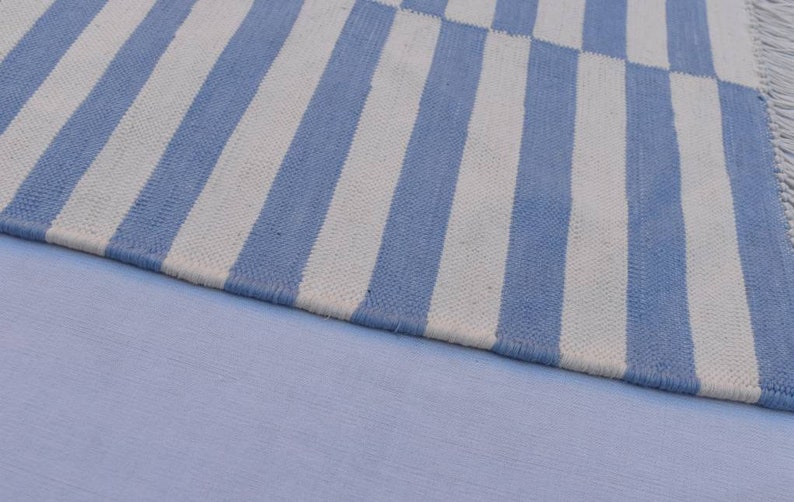 Light Blue & White Cotton Handmade Modern Stripes Rug- Flat Weave and ...