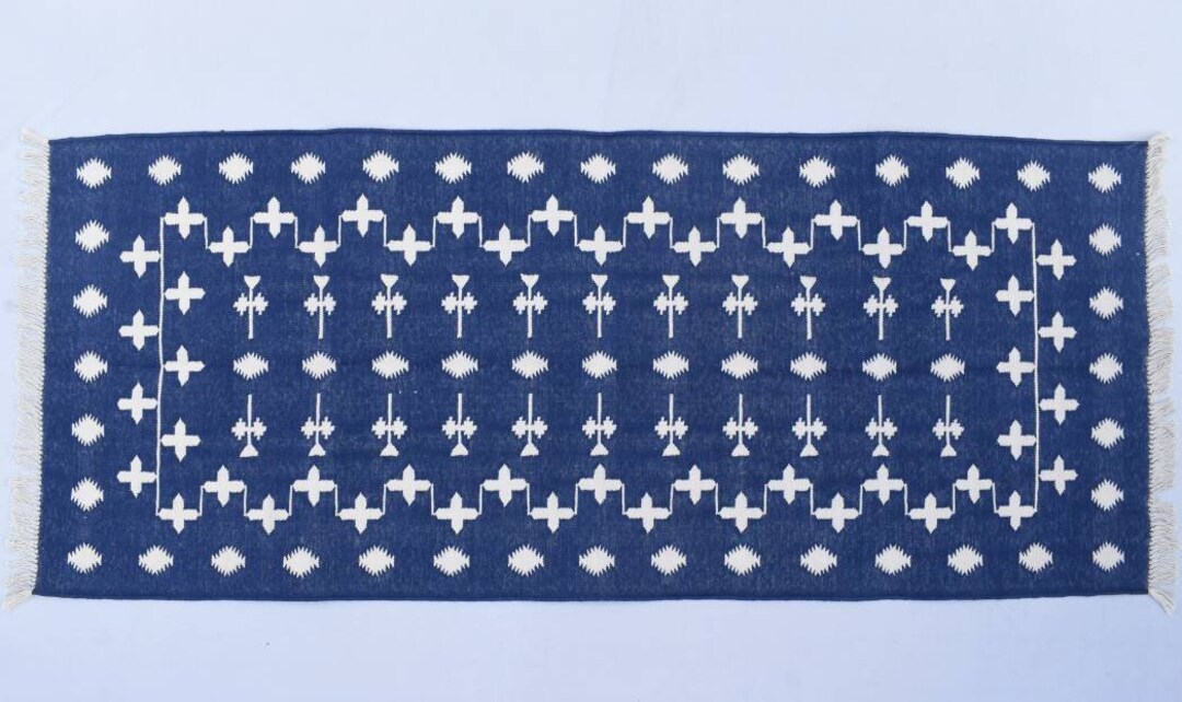 2x4, 2x5, 2x6 Cotton Navy Blue Runner Handmade Beautiful Design Rug ...