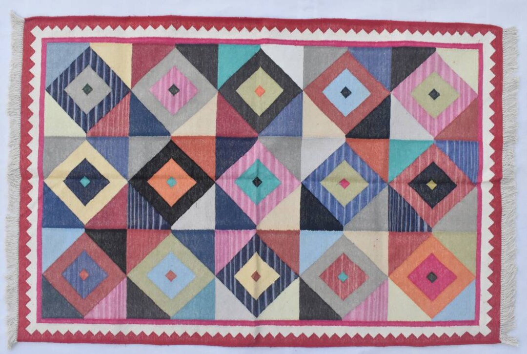 3x5 Cotton Beautiful Red Border With Mix Colourful Hand Woven Dhurrie ...