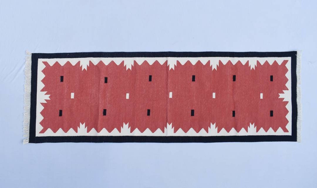 Black and Indian Red Modern Cotton Runner Rug - Hand Woven Runner Rug ...