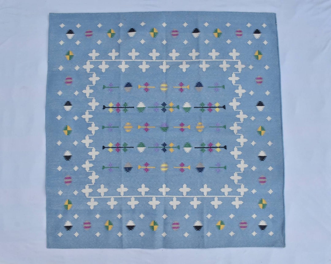 Square Sizes Light Blue Handmade Modern Pattern Rug- Flat Weave and ...