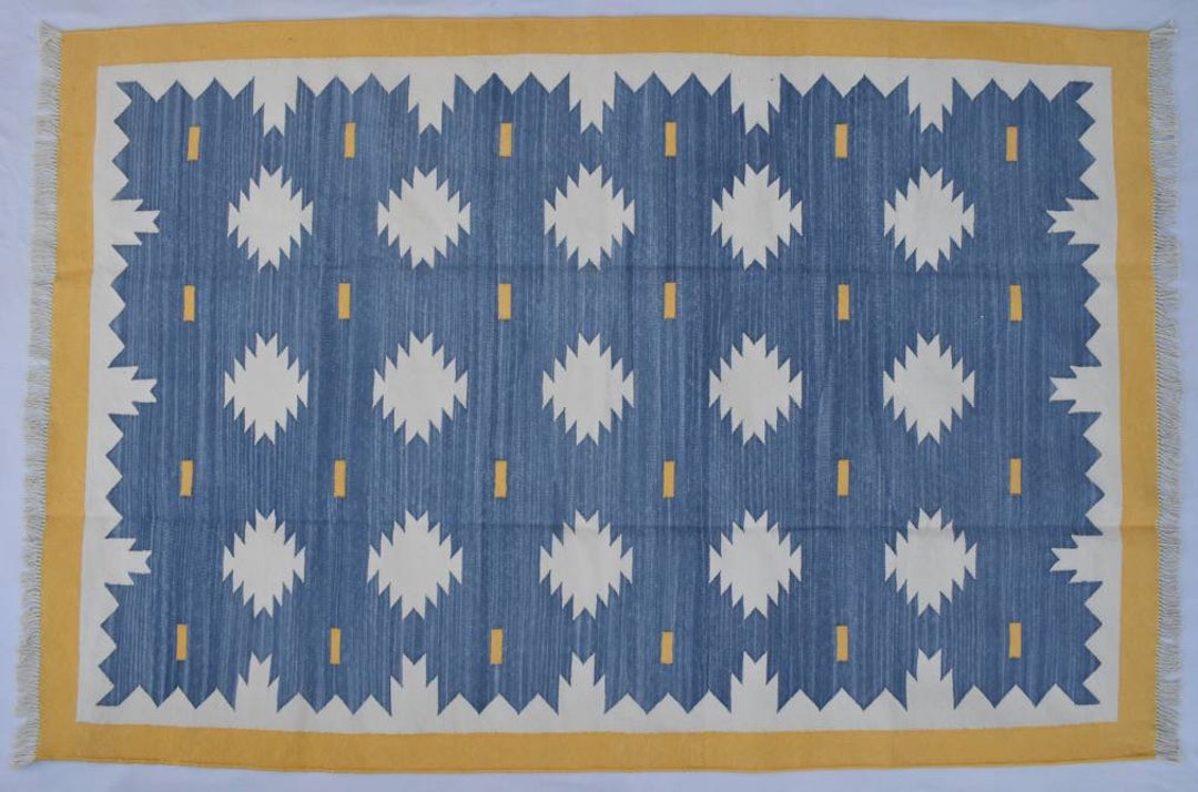 Multiple Sizes Blue,yellow and White Cotton Handmade Modern Rug- Flat ...