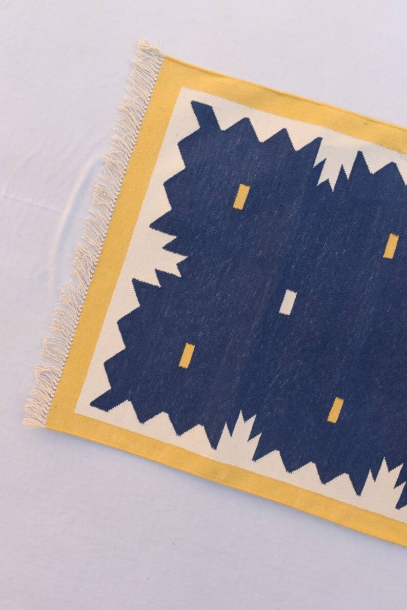 Blue and Yellow Modern Cotton Runner Rug - Hand Woven Runner Rug Kilim ...