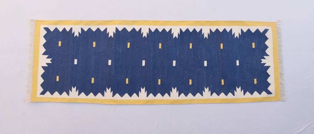 Blue and Yellow Modern Cotton Runner Rug - Hand Woven Runner Rug Kilim ...