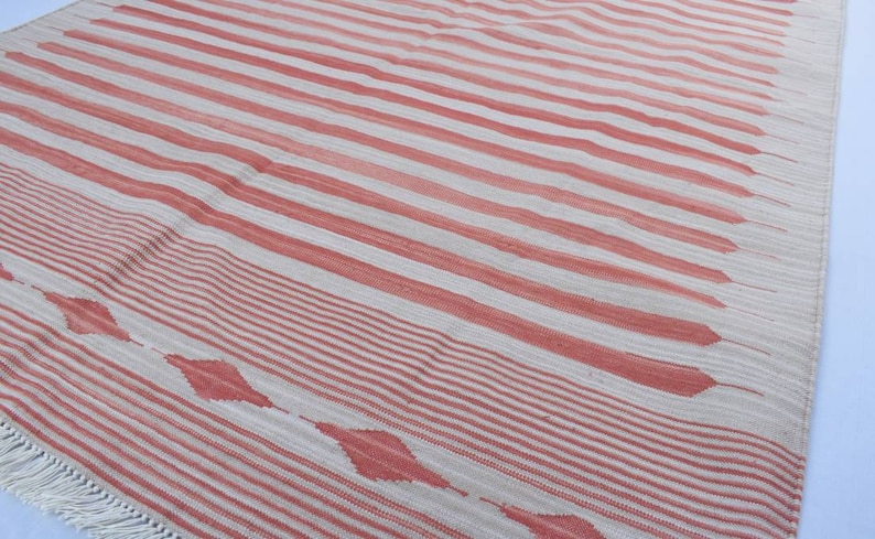 Rustic Beige and Red Cotton Handmade Modern Stripes Rug Flat | Etsy