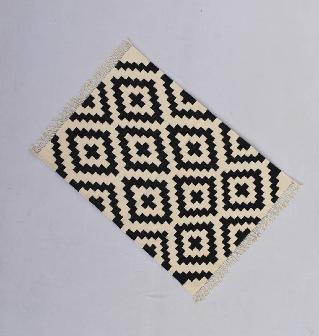 2x3,2x4 Black and White Cotton Hand Woven Small Size Rug - Etsy