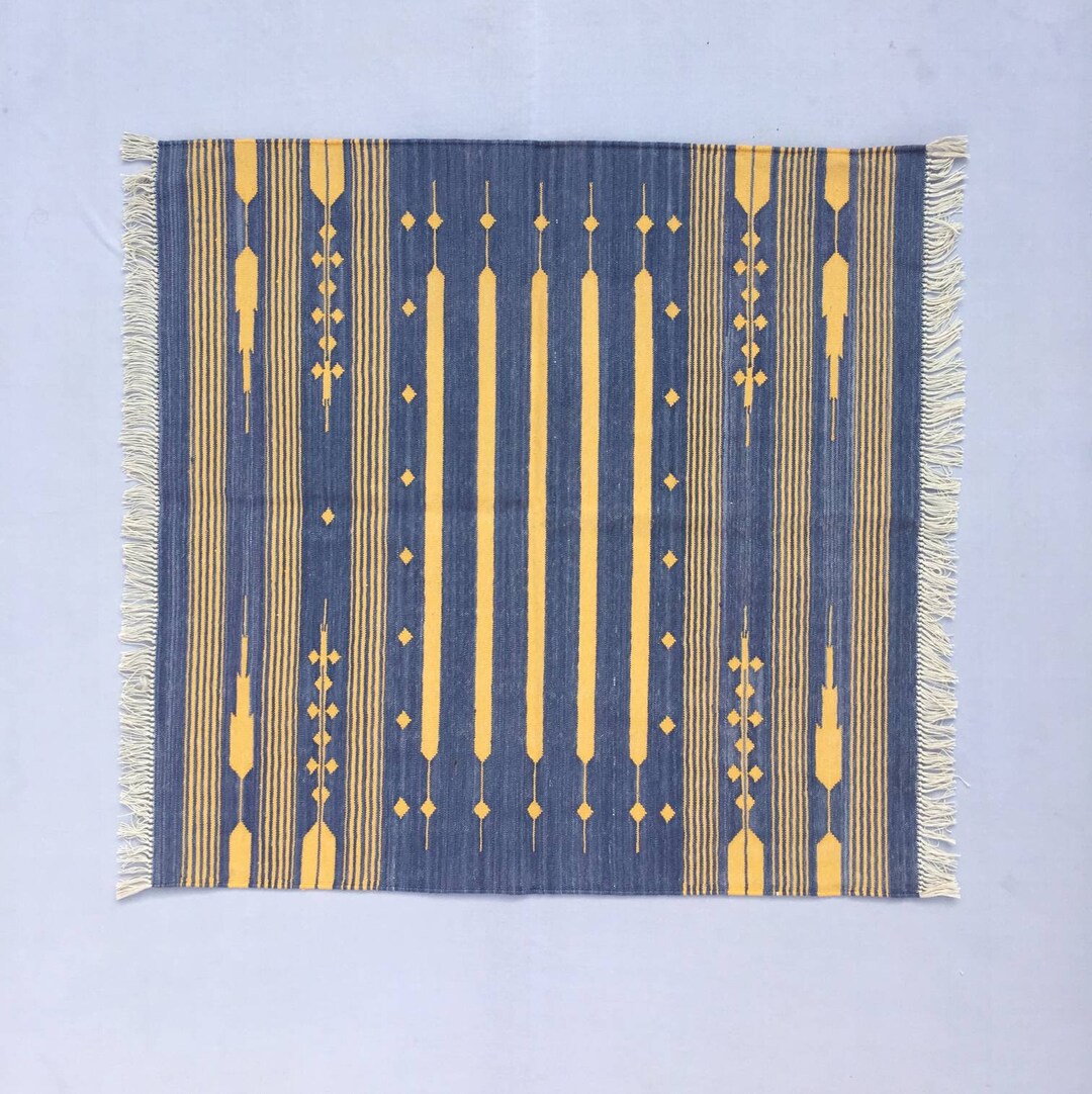 Square Rustic Blue and Yellow Handmade Stripes Modern Design Rug ...