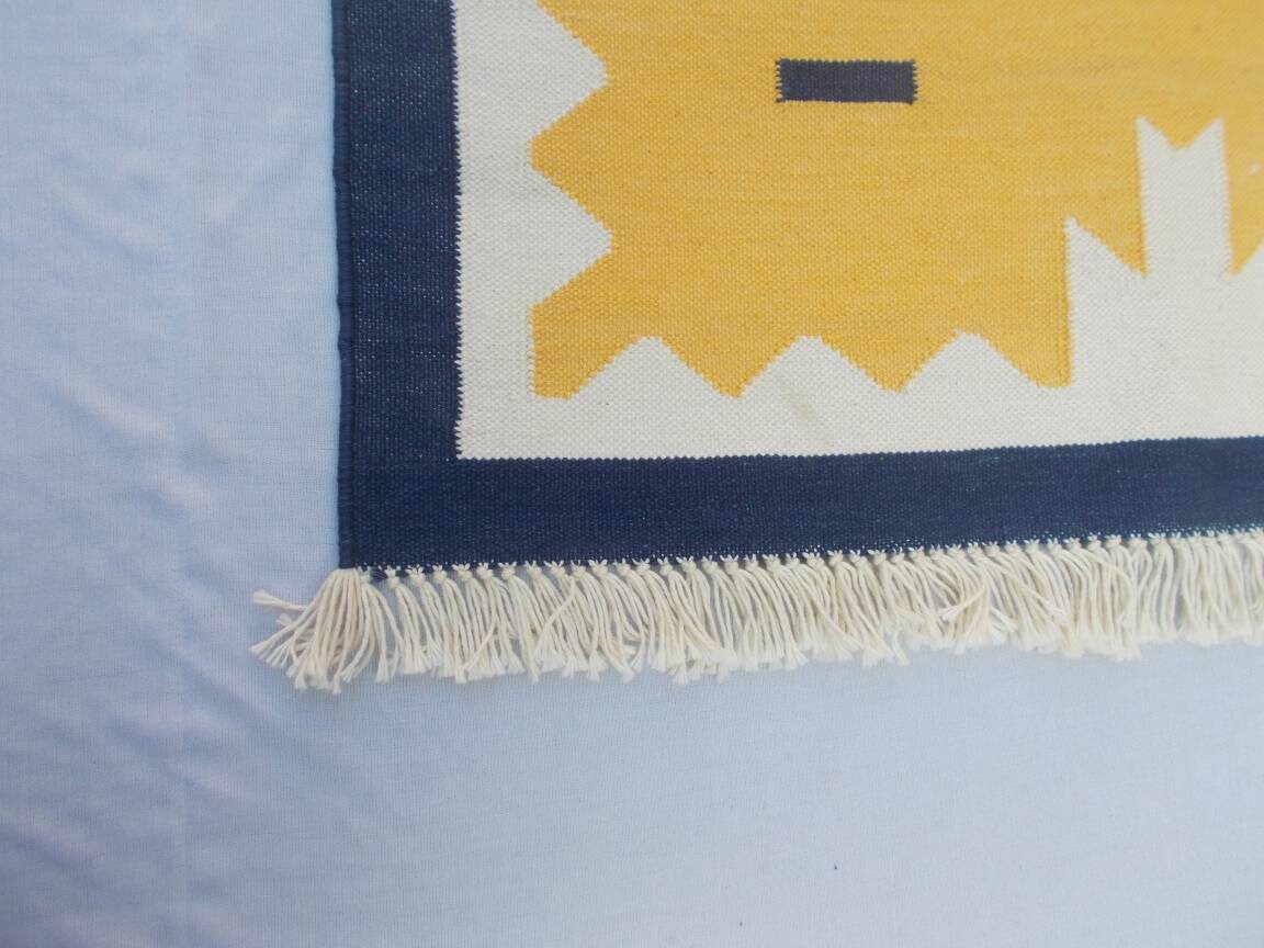 Multiple Sizes Yellow Runner Rug - Navy Blue Border and White Cotton ...