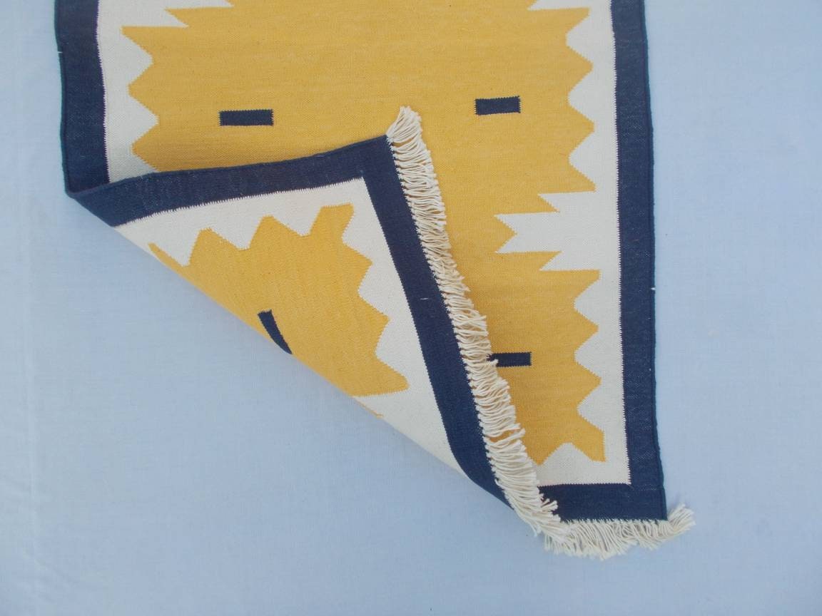 Multiple Sizes Yellow Runner Rug - Navy Blue Border and White Cotton ...