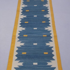 Multiple Sizes Runner Rug - Yellow Border With Blue Tie Dye Colour Hand ...