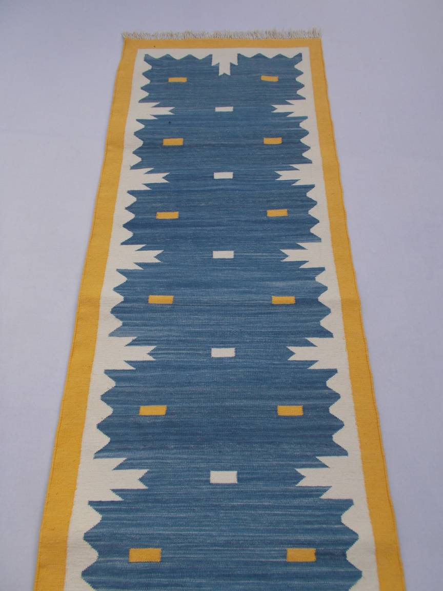 Multiple Sizes Runner Rug - Yellow Border With Blue Tie Dye Colour Hand ...