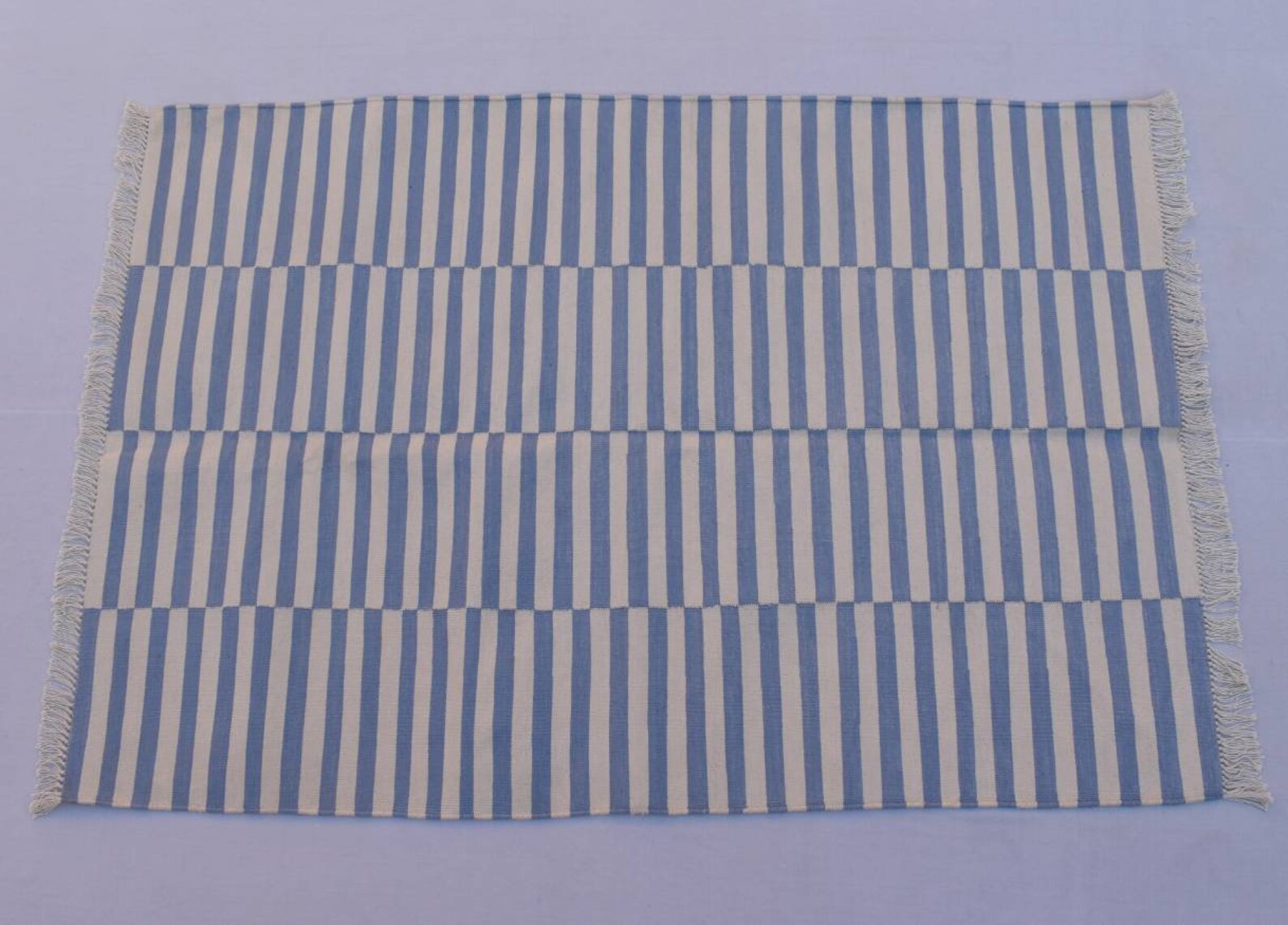 Light Blue & White Cotton Handmade Modern Stripes Rug- Flat Weave and ...