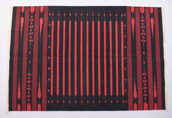 Black and Red Cotton Handmade Modern Stripes Rug Flat Weave - Etsy