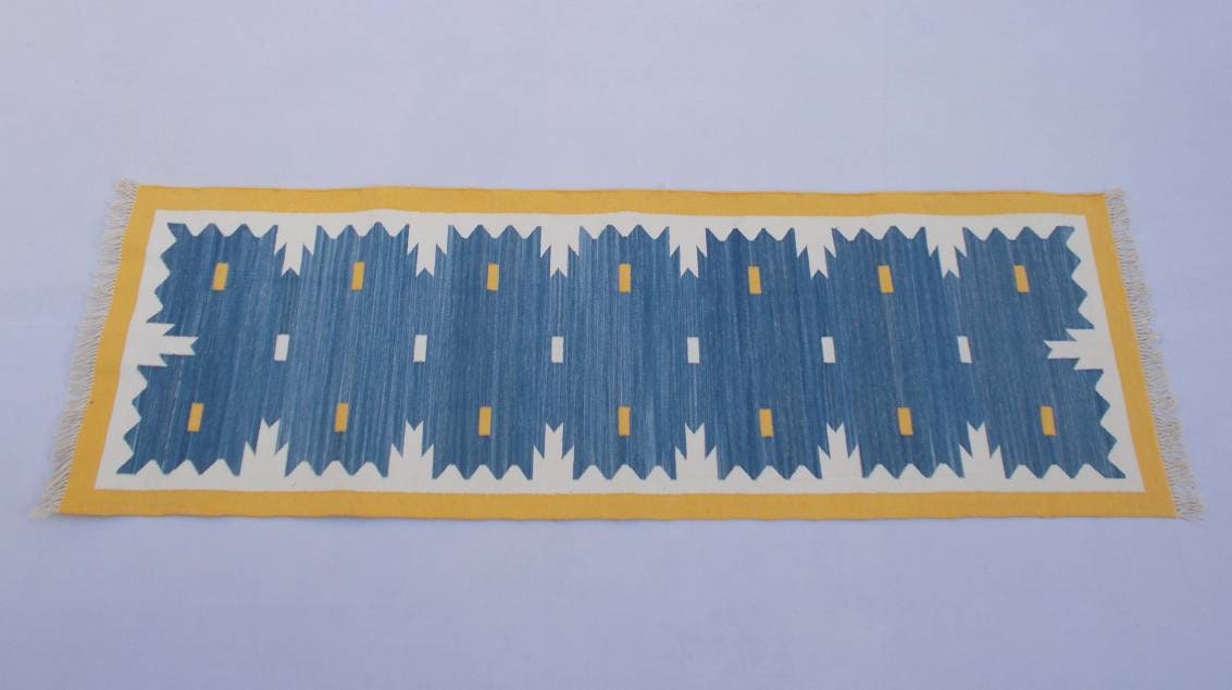 Multiple Sizes Runner Rug - Yellow Border With Blue Tie Dye Colour Hand ...