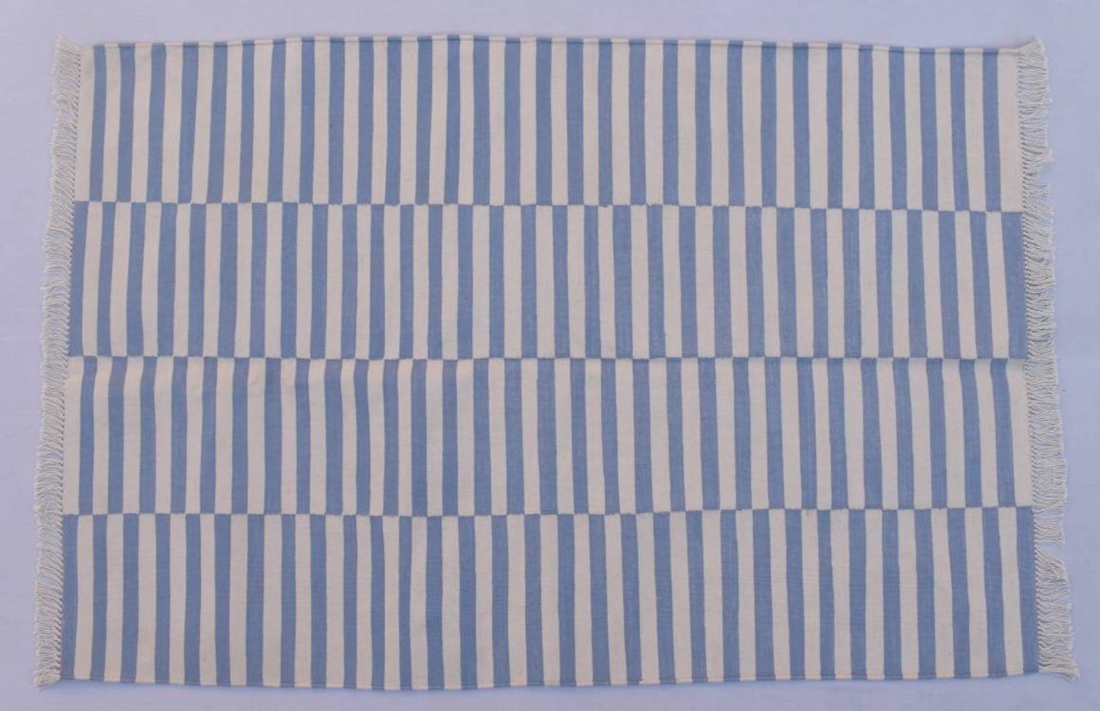 Light Blue & White Cotton Handmade Modern Stripes Rug- Flat Weave and ...