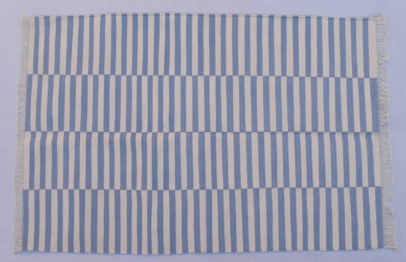 Light Blue & White Cotton Handmade Modern Stripes Rug- Flat Weave and ...