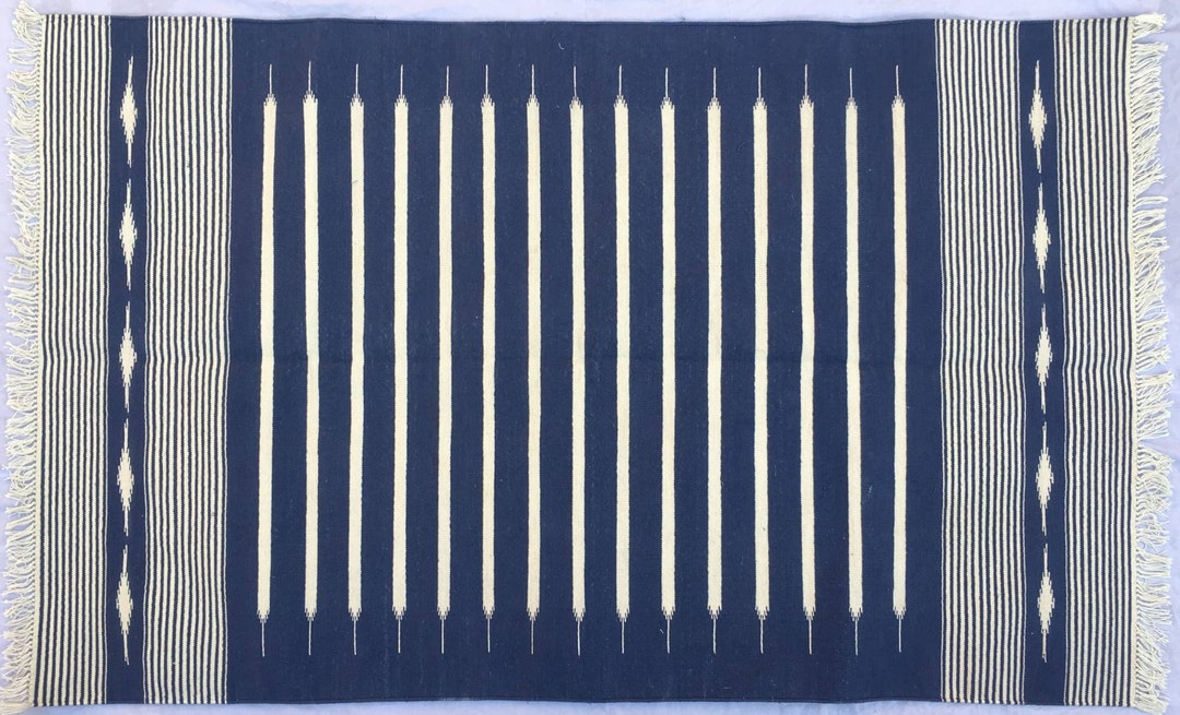 Multi Sizes Blue and White Stripes Handmade Cotton Rug Dhurrie ...