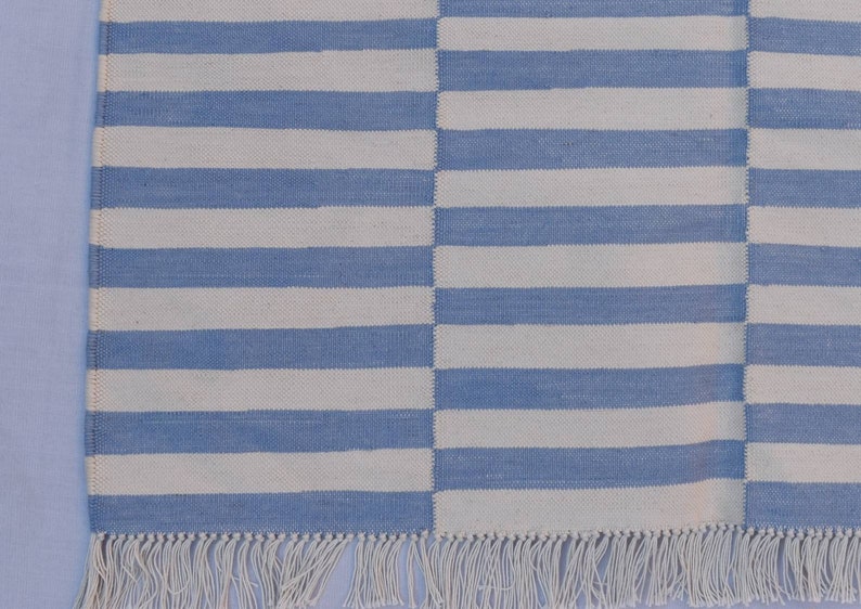 Light Blue & White Cotton Handmade Modern Stripes Rug- Flat Weave and ...