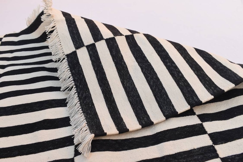 Multi Sizes Modern Black and White Stripes Handmade Cotton Rug Dhurrie ...