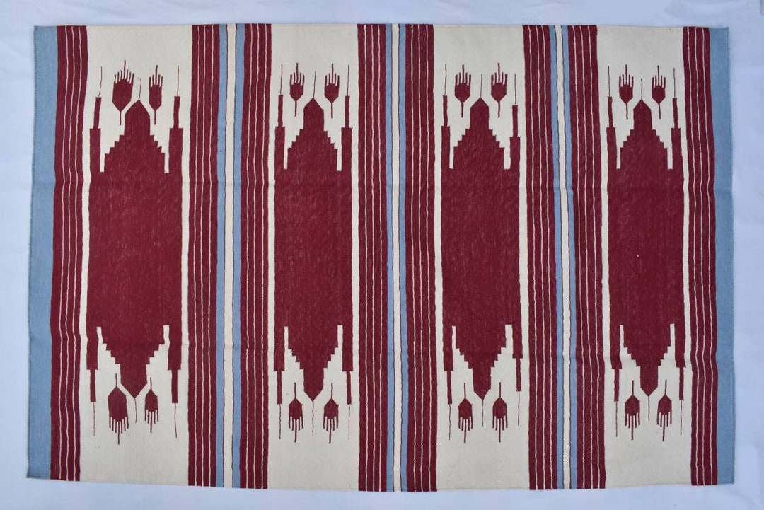 4x6 Dark Red and White With Light Blue Cotton Rug Dhurrie- Modern ...