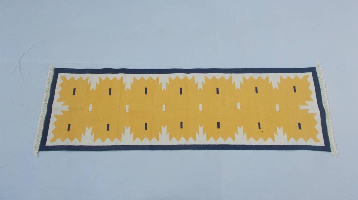 Multiple Sizes Yellow Runner Rug - Navy Blue Border and White Cotton ...
