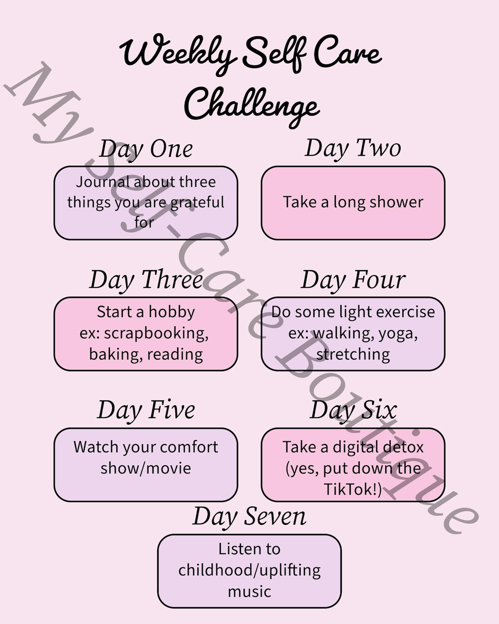 Weekly Self-care Challenge for Wellness, Downloadable/printable - Etsy