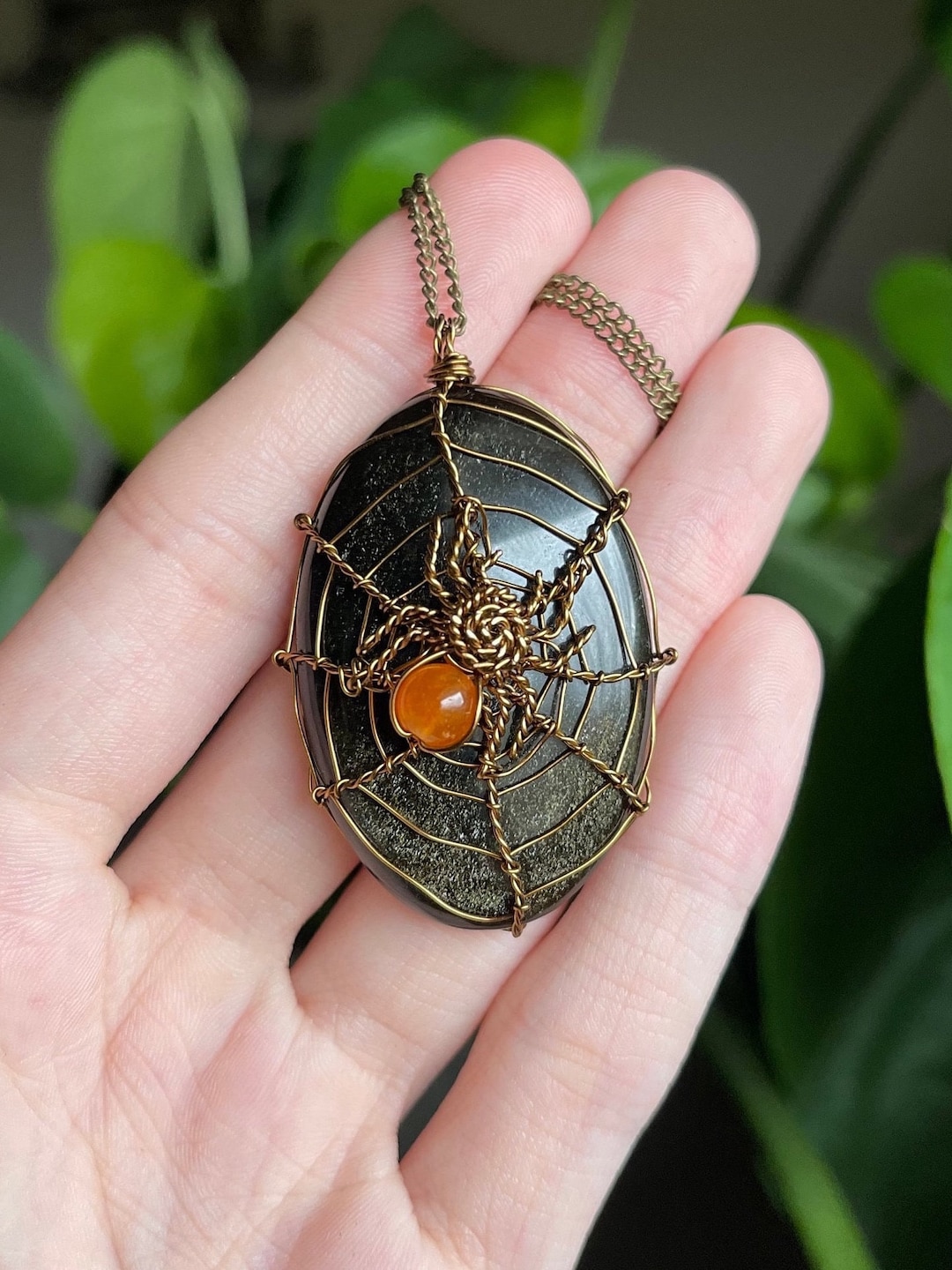 Golden Sheen Obsidian Spider Web Necklace Wire Wrapped - Etsy