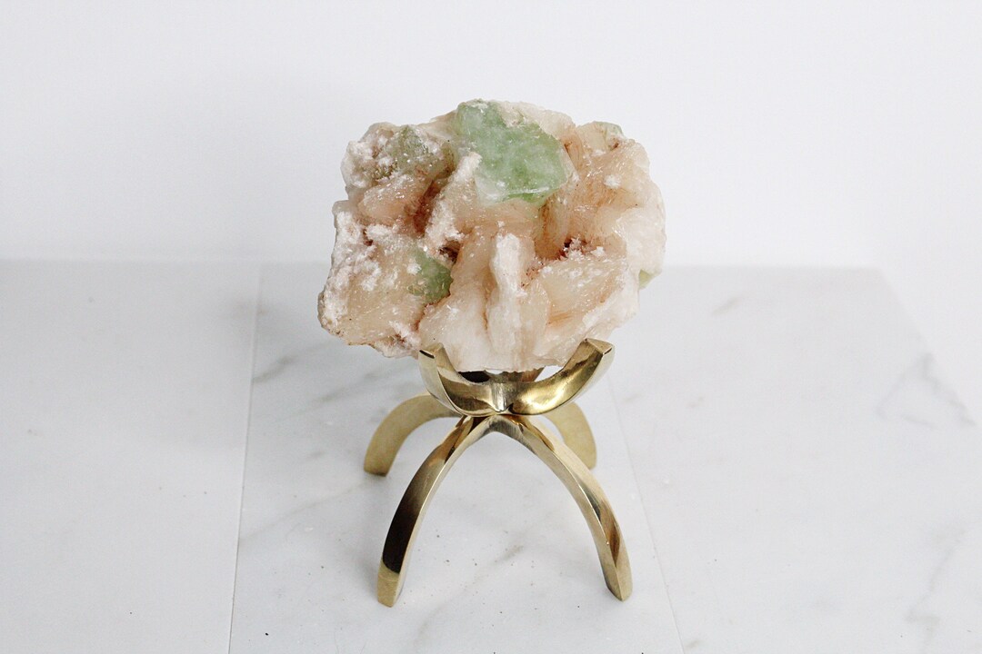 Geode Crystal Decor Green Apophyllite Pink Stilbite Quartz on Brass ...