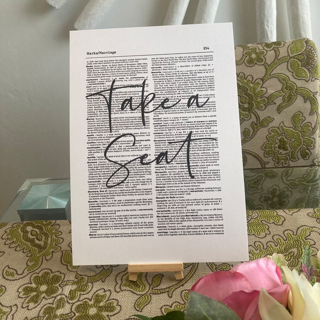 Literacy Wedding Table Seating Sign A4, Take A Seat, Dictionary Vintage ...