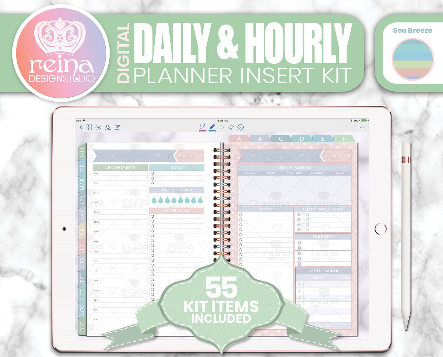 Daily & Hourly Digital Planner Insert Kit | Sea Breeze - Etsy