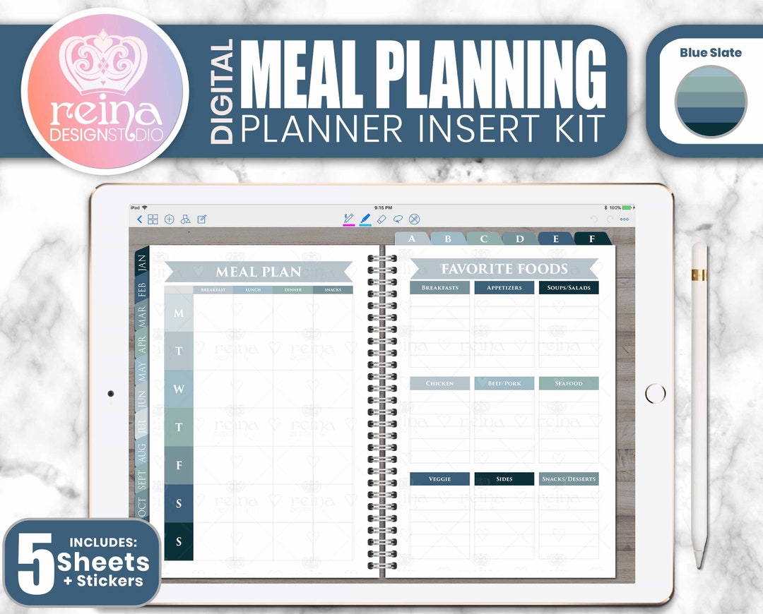 Meal Planning Digital Planner Insert Kit | Blue Slate - Etsy